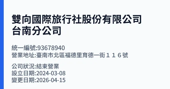 雙向國際旅行社股份有限公司台南分公司的照片-統編 93678940(臺南市) 公司登記資料與營業項目詳細圖表