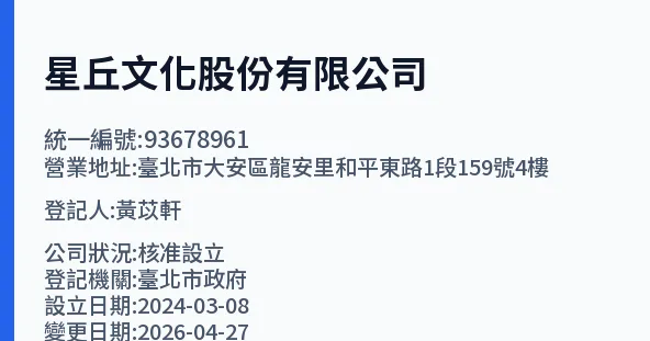 星丘文化股份有限公司的照片-統編 93678961(臺北市) 公司登記資料與營業項目詳細圖表