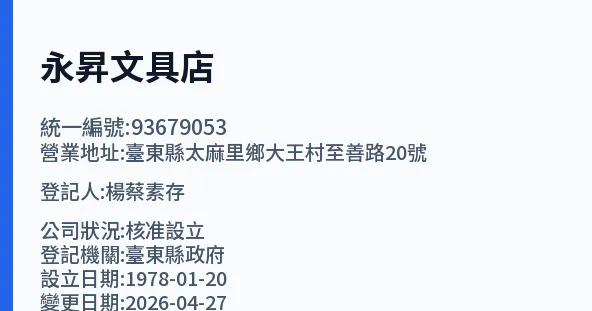永昇文具店的照片-統編 93679053(臺東縣) 公司登記資料與營業項目詳細圖表