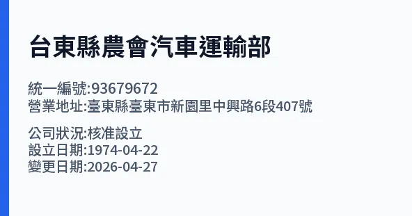 台東縣農會汽車運輸部的照片-統編 93679672(臺東縣) 公司登記資料與營業項目詳細圖表