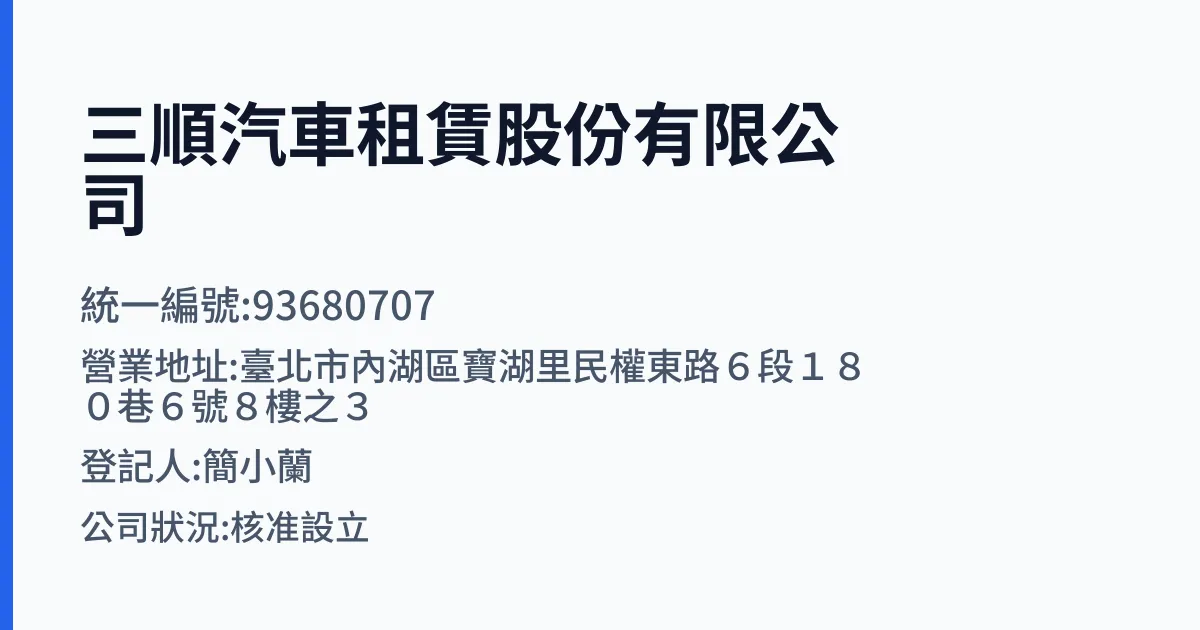 三順汽車租賃股份有限公司 - 統編 93680707(臺北市) 公司登記資料與營業項目詳細圖表
