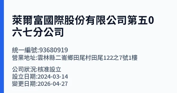萊爾富國際股份有限公司第五0六七分公司的照片-統編 93680919(雲林縣) 公司登記資料與營業項目詳細圖表