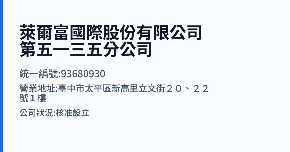 萊爾富國際股份有限公司第五一三五分公司 - 統編 93680930（臺中市） 公司登記資料與營業項目詳細圖表