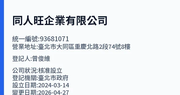 同人旺企業有限公司的照片-統編 93681071(臺北市) 公司登記資料與營業項目詳細圖表