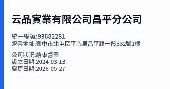 云品實業有限公司昌平分公司的照片-統編 93682281(臺中市) 公司登記資料與營業項目詳細圖表