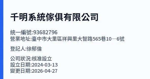 千明系統傢俱有限公司的照片-統編 93682796(臺中市) 公司登記資料與營業項目詳細圖表