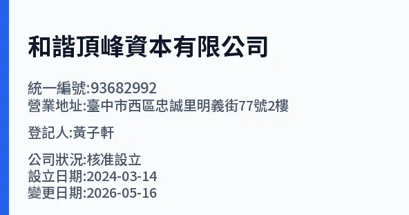 和諧頂峰資本有限公司的照片-統編 93682992(臺中市) 公司登記資料與營業項目詳細圖表