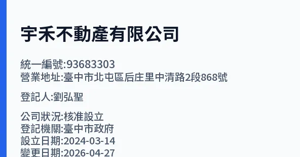 宇禾不動產有限公司的照片-統編 93683303(臺中市) 公司登記資料與營業項目詳細圖表