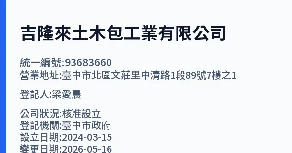 吉隆來土木包工業有限公司的照片-統編 93683660(臺中市) 公司登記資料與營業項目詳細圖表