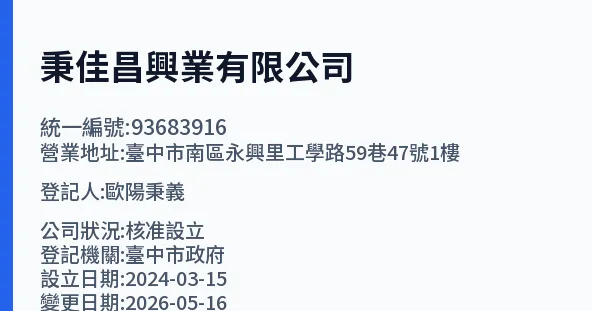 秉佳昌興業有限公司的照片-統編 93683916(臺中市) 公司登記資料與營業項目詳細圖表