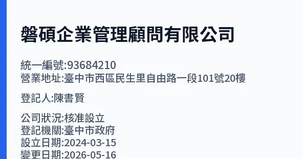 磐碩企業管理顧問有限公司的照片-統編 93684210(臺中市) 公司登記資料與營業項目詳細圖表