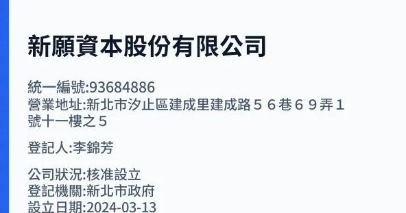 新願資本股份有限公司的照片-統編 93684886(新北市) 公司登記資料與營業項目詳細圖表