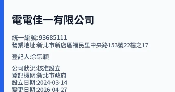 電電佳一有限公司的照片-統編 93685111(新北市) 公司登記資料與營業項目詳細圖表