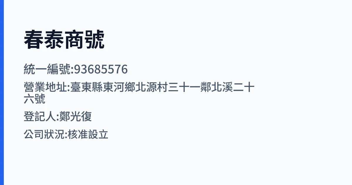 春泰商號 - 統編 93685576(臺東縣) 公司登記資料與營業項目詳細圖表