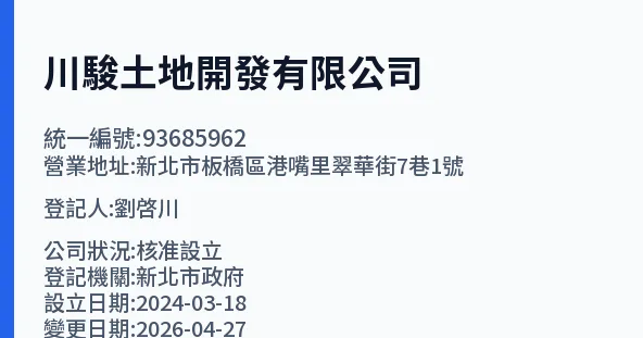 川駿土地開發有限公司的照片-統編 93685962(新北市) 公司登記資料與營業項目詳細圖表