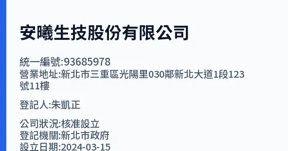 安曦生技股份有限公司的照片-統編 93685978(新北市) 公司登記資料與營業項目詳細圖表