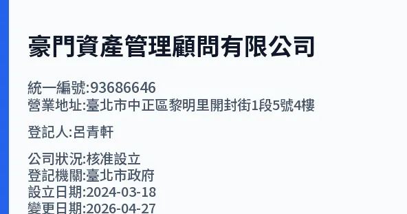 豪門資產管理顧問有限公司的照片-統編 93686646(臺北市) 公司登記資料與營業項目詳細圖表
