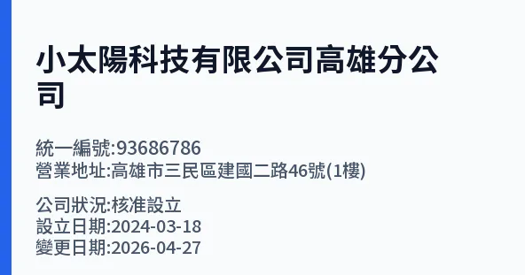 小太陽科技有限公司高雄分公司的照片-統編 93686786(高雄市) 公司登記資料與營業項目詳細圖表