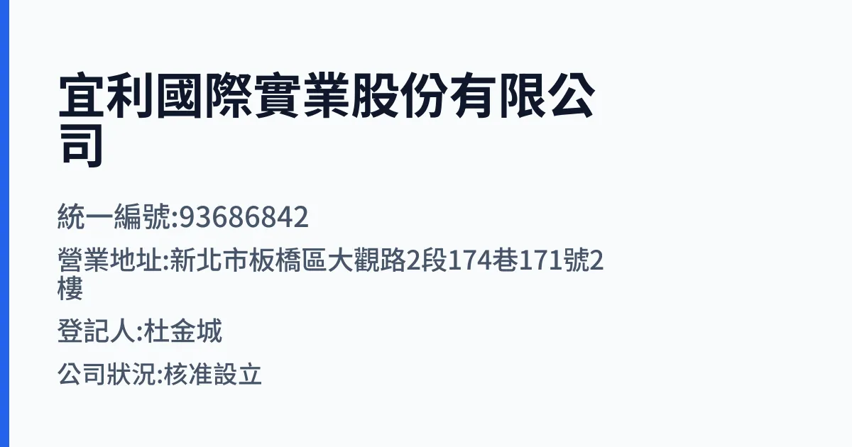 宜利國際實業股份有限公司 - 統編 93686842（新北市） 公司登記資料與營業項目詳細圖表