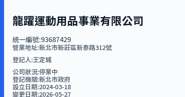 龍躍運動用品事業有限公司的照片-統編 93687429(新北市) 公司登記資料與營業項目詳細圖表