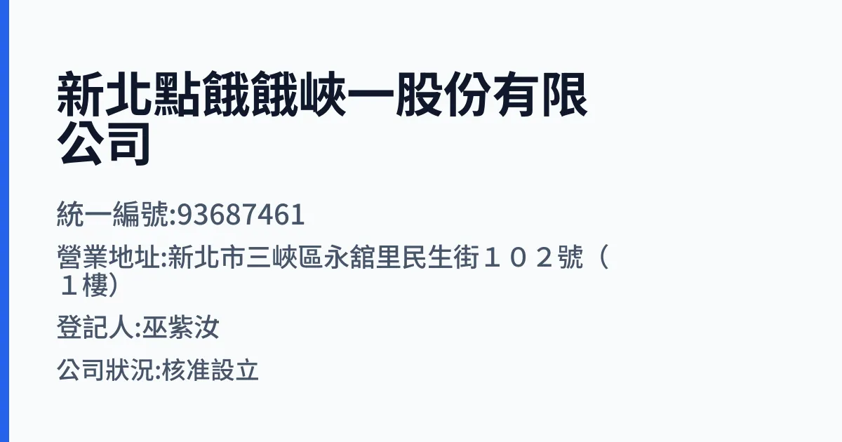 新北點餓餓峽一股份有限公司 - 統編 93687461(新北市) 公司登記資料與營業項目詳細圖表