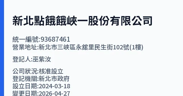 新北點餓餓峽一股份有限公司的照片-統編 93687461(新北市) 公司登記資料與營業項目詳細圖表