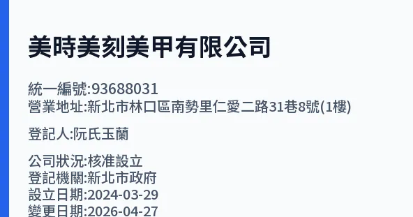 美時美刻美甲有限公司的照片-統編 93688031(新北市) 公司登記資料與營業項目詳細圖表
