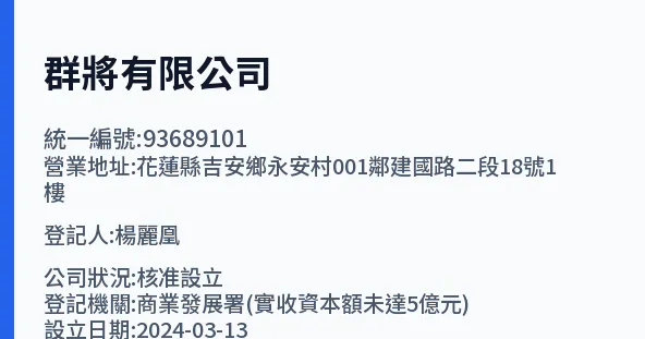 群將有限公司的照片-統編 93689101(花蓮縣) 公司登記資料與營業項目詳細圖表
