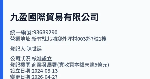 九盈國際貿易有限公司的照片-統編 93689290(新竹縣) 公司登記資料與營業項目詳細圖表