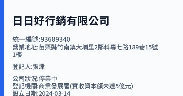 日日好行銷有限公司的照片-統編 93689340(苗栗縣) 公司登記資料與營業項目詳細圖表