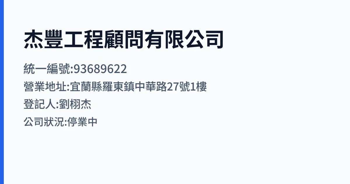 杰豐工程顧問有限公司 - 統編 93689622(宜蘭縣) 公司登記資料與營業項目詳細圖表