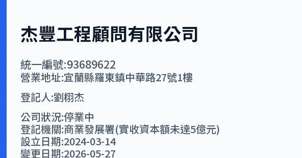 杰豐工程顧問有限公司的照片-統編 93689622(宜蘭縣) 公司登記資料與營業項目詳細圖表