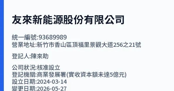 友來新能源股份有限公司的照片-統編 93689989(新竹市) 公司登記資料與營業項目詳細圖表