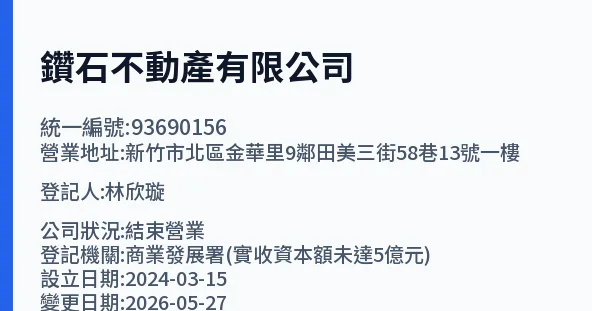 鑽石不動產有限公司的照片-統編 93690156(新竹市) 公司登記資料與營業項目詳細圖表