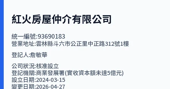紅火房屋仲介有限公司的照片-統編 93690183(雲林縣) 公司登記資料與營業項目詳細圖表