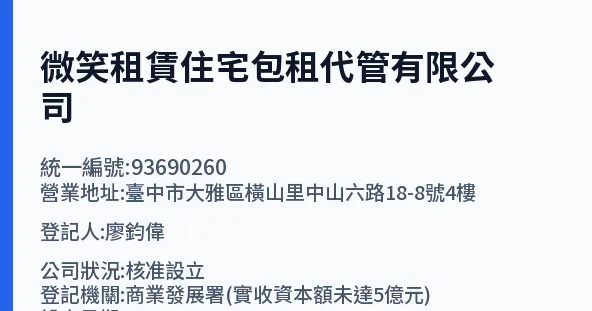 微笑租賃住宅包租代管有限公司的照片-統編 93690260(臺中市) 公司登記資料與營業項目詳細圖表