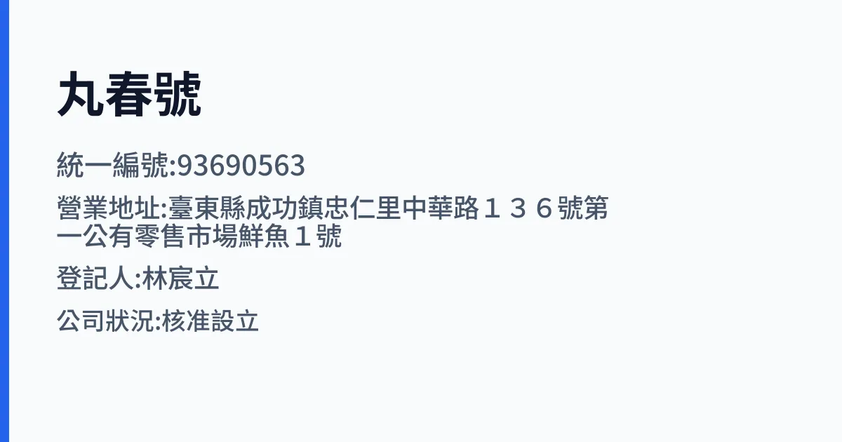 丸春號 - 統編 93690563(臺東縣) 公司登記資料與營業項目詳細圖表