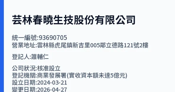 芸林春曉生技股份有限公司的照片-統編 93690705(雲林縣) 公司登記資料與營業項目詳細圖表