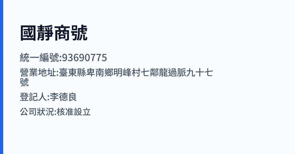 國靜商號 - 統編 93690775(臺東縣) 公司登記資料與營業項目詳細圖表