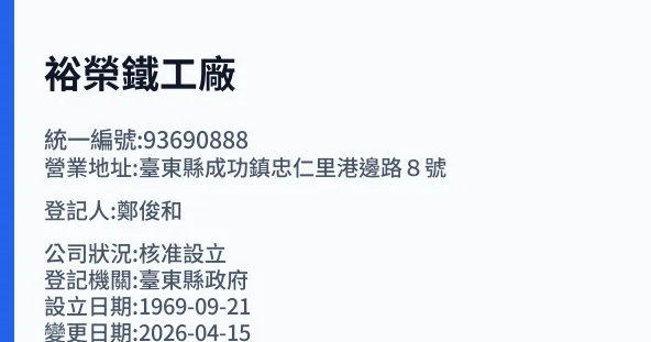 裕榮鐵工廠的照片-統編 93690888(臺東縣) 公司登記資料與營業項目詳細圖表