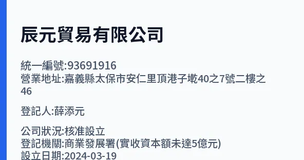 辰元貿易有限公司的照片-統編 93691916(嘉義縣) 公司登記資料與營業項目詳細圖表