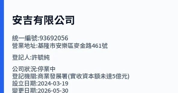 安吉有限公司的照片-統編 93692056(基隆市) 公司登記資料與營業項目詳細圖表