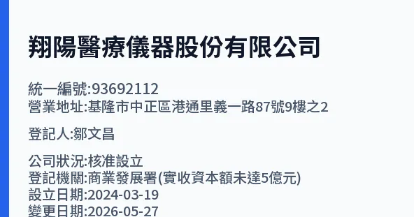 翔陽醫療儀器股份有限公司的照片-統編 93692112(基隆市) 公司登記資料與營業項目詳細圖表