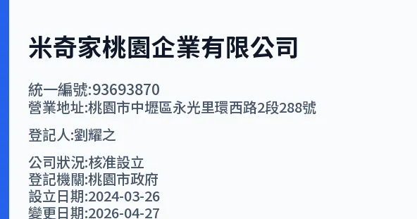 米奇家桃園企業有限公司的照片-統編 93693870(桃園市) 公司登記資料與營業項目詳細圖表