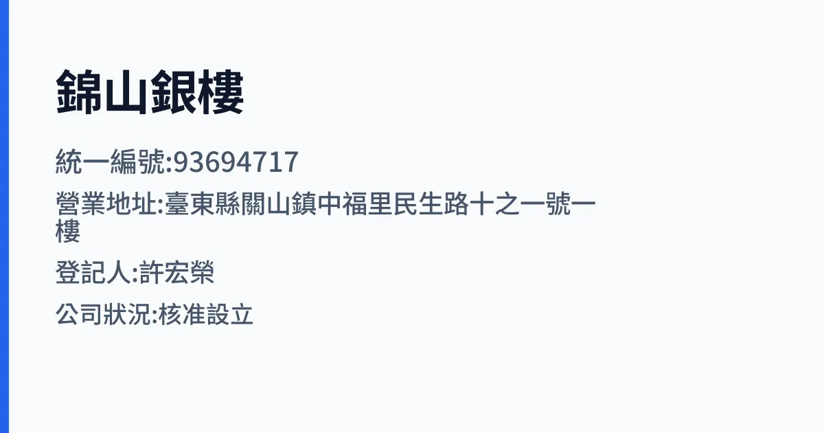 錦山銀樓 - 統編 93694717(臺東縣) 公司登記資料與營業項目詳細圖表