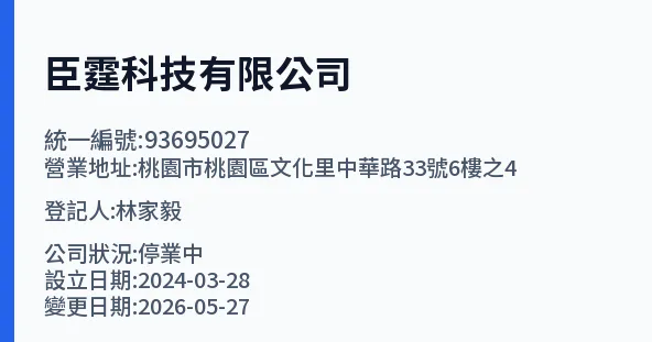 臣霆科技有限公司的照片-統編 93695027(桃園市) 公司登記資料與營業項目詳細圖表