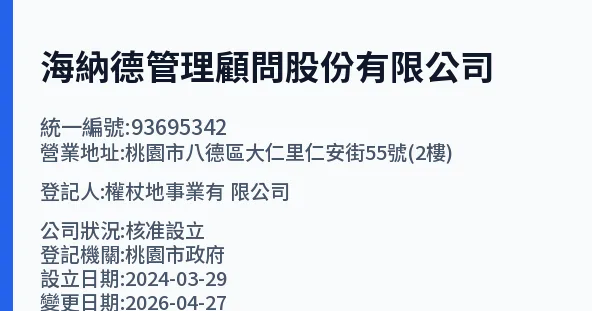海納德管理顧問股份有限公司的照片-統編 93695342(桃園市) 公司登記資料與營業項目詳細圖表