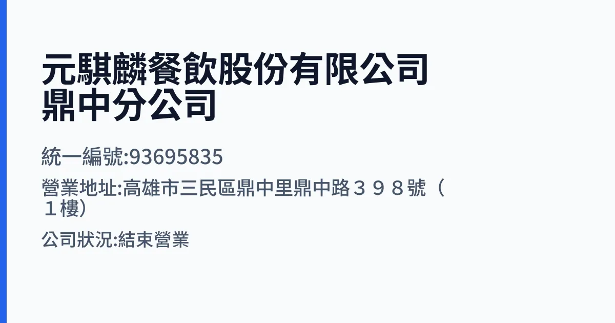 元騏麟餐飲股份有限公司鼎中分公司 - 統編 93695835(高雄市) 公司登記資料與營業項目詳細圖表