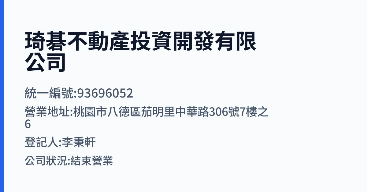 琦碁不動產投資開發有限公司 - 統編 93696052(桃園市) 公司登記資料與營業項目詳細圖表