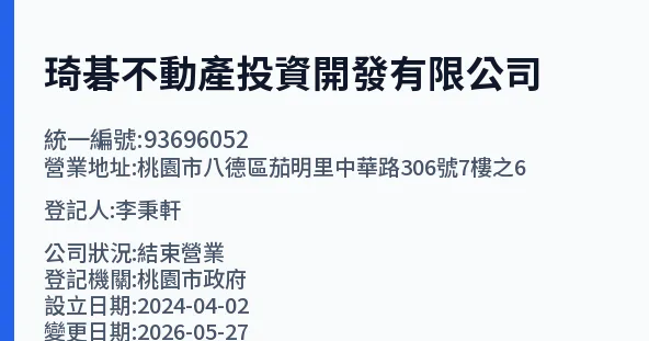 琦碁不動產投資開發有限公司的照片-統編 93696052(桃園市) 公司登記資料與營業項目詳細圖表